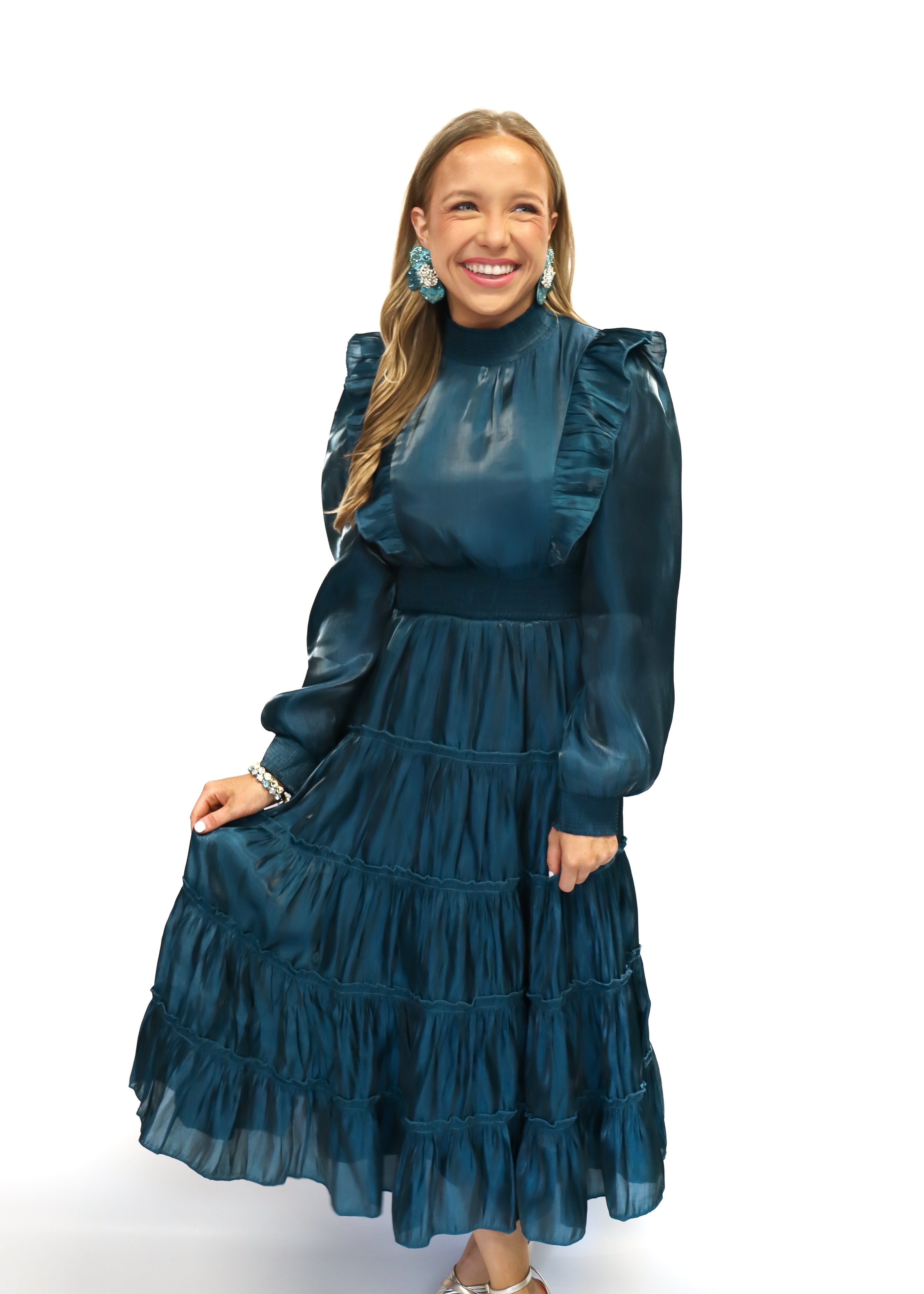 LBLOX Mock Neck Ruffled Midi Dress - Teal | Gabrielle's Biloxi