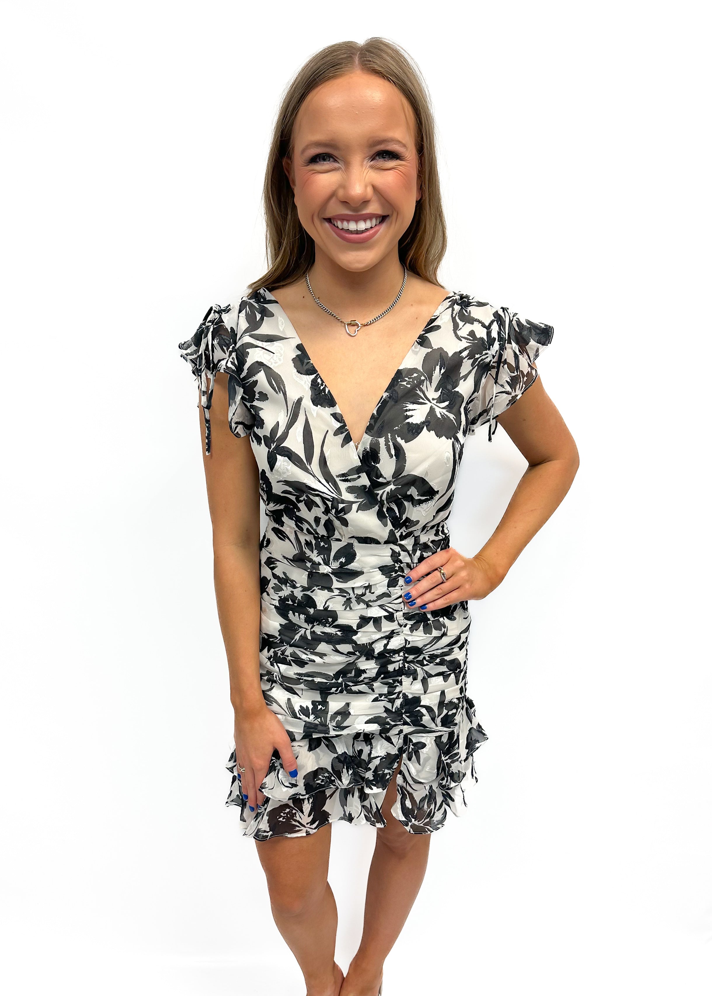 Adelyn Rae Camila Ruched Textured Mini Dress - Black/White | Gabrielle ...